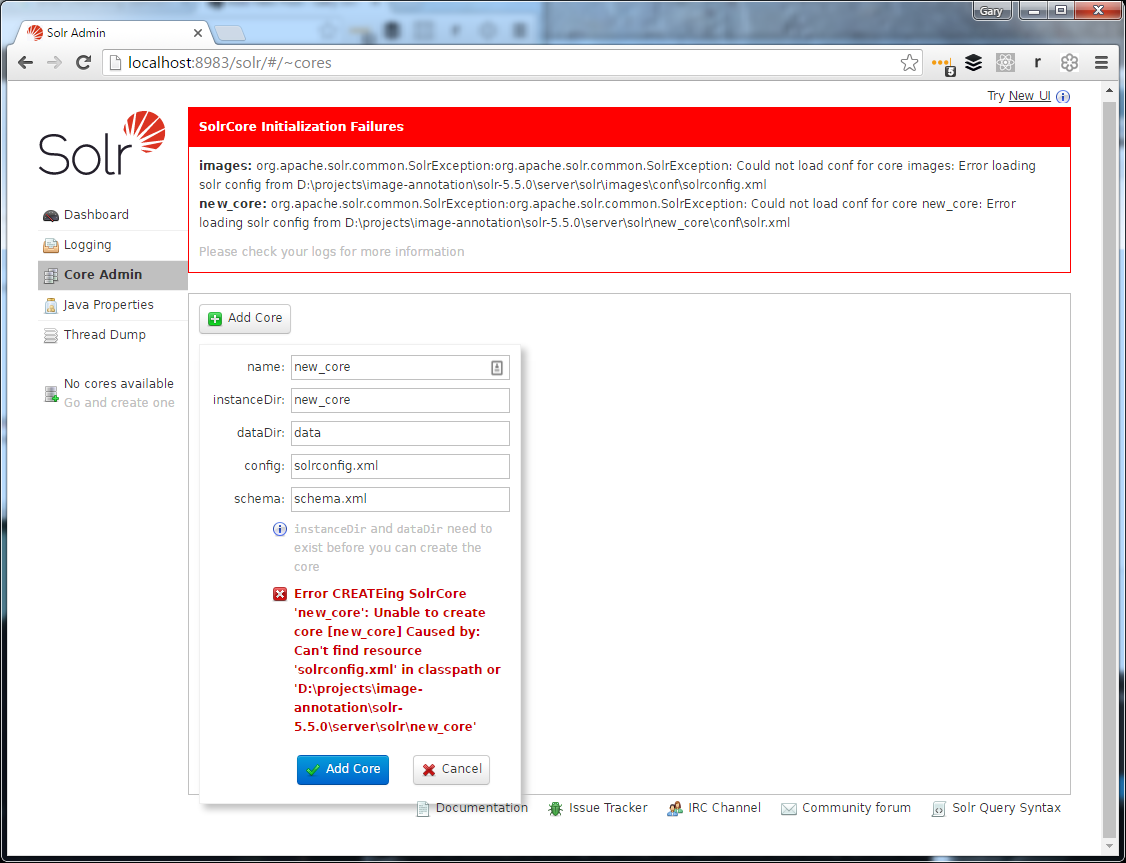 Fixing Solr error: Error CREATEing SolrCore ‘new_core’ – Gary Sieling